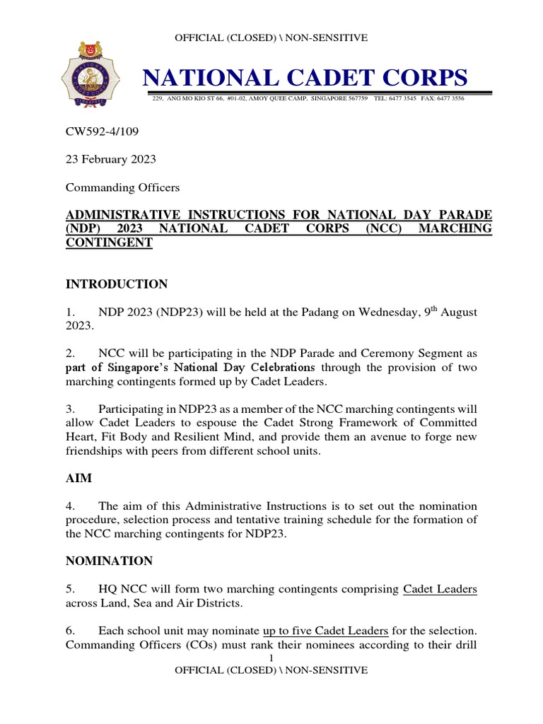 NDP 2023 NCC Marching Contingent Guide | PDF | Military Life