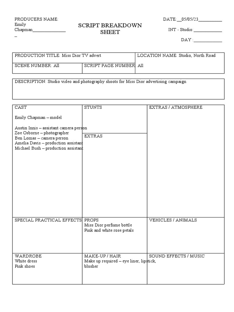 Emily Script Breakdown Sheet - Studio 05-05-23 | PDF