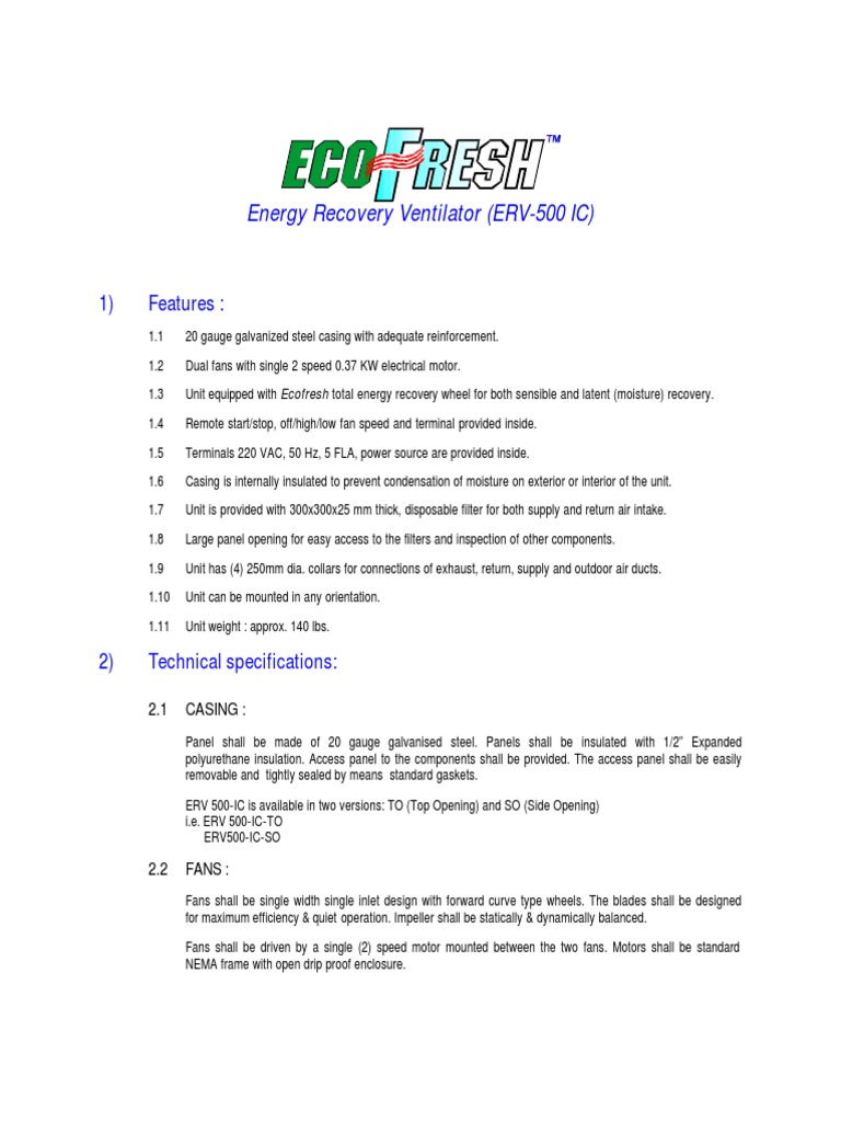 Spec ERV PDF | PDF | Duct (Flow) | Electric Motor