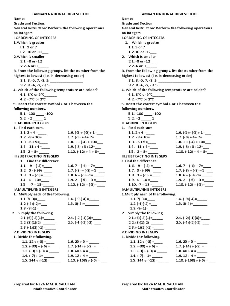 Pre-Test in Integers | PDF