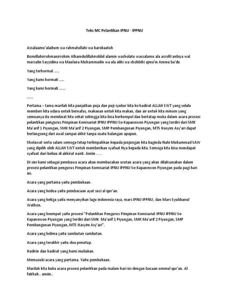Teks MC Pelantikan IPNU Pac | PDF Teks MC Pelantikan IPNU Pac | PDF