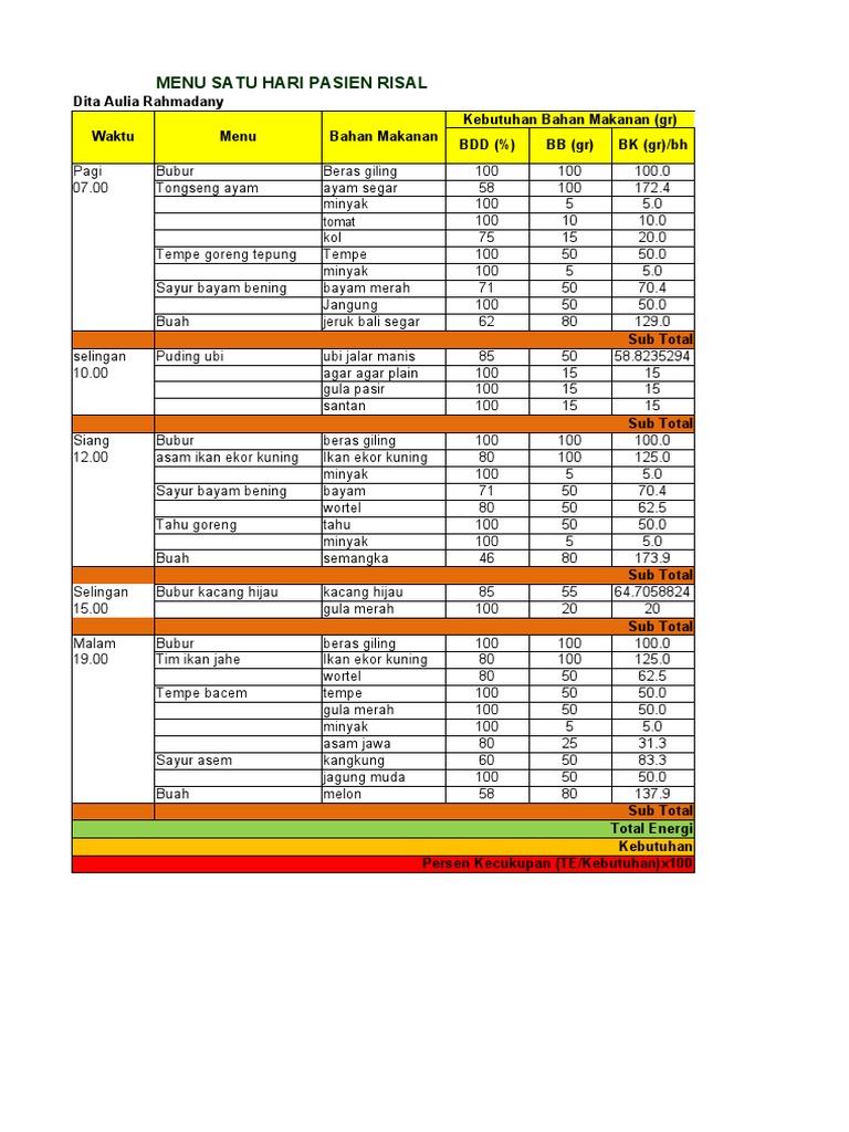 Menu Sehari Pasien Risal: Nutrisi Optimal | PDF