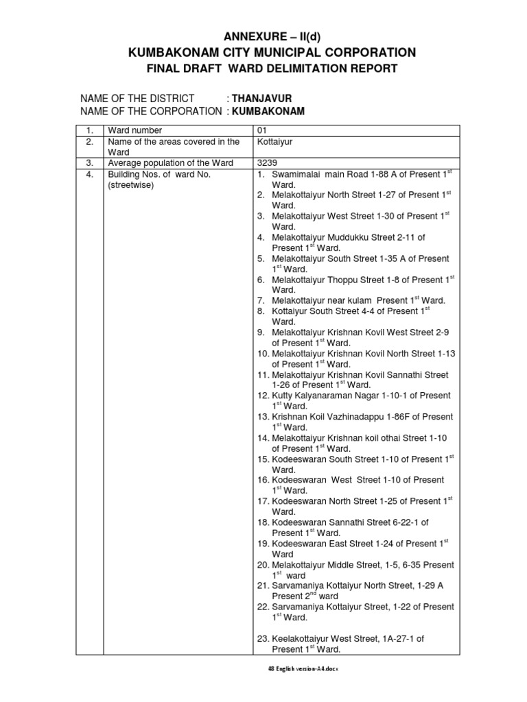 Kumbakonam Ward Delimitation Report | PDF