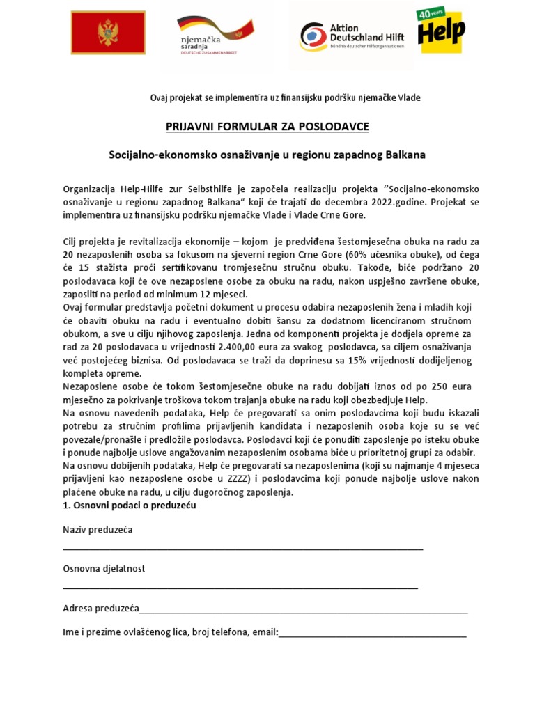 Aplikacioni Formular Za Poslodavce Help SOE005 | PDF
