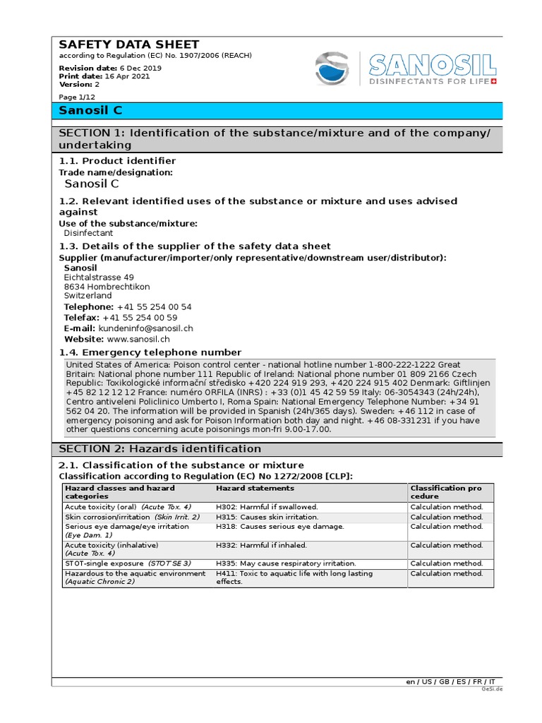 SDS Sanosil C EN SAFETY DATA SHEET PDF | PDF | Toxicity | Dangerous Goods