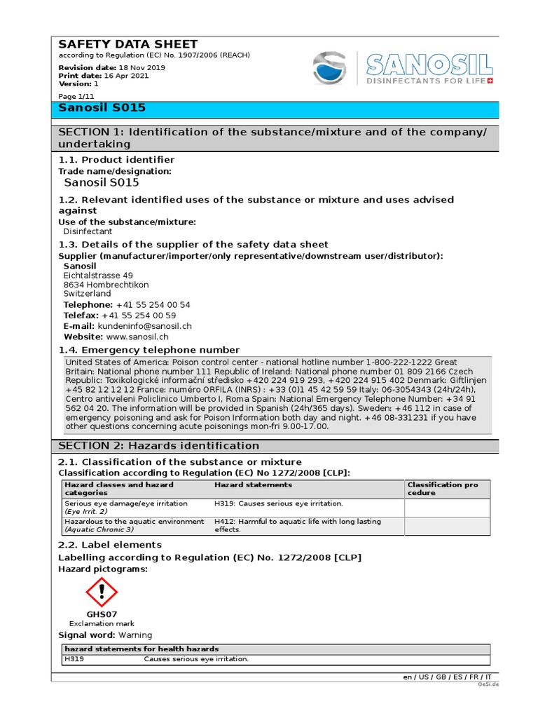 SDS EN Sanosil S015 SAFETY DATA SHEET PDF | PDF