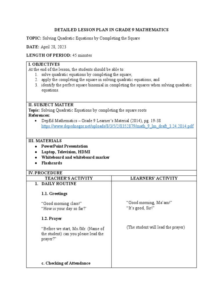 Detailed Lesson Plan in Grade 9 Mathematics | PDF | Equations ...