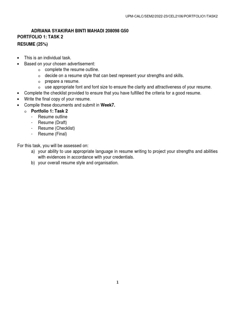 CEL2106 Portfolio 1: Resume Task 2 | PDF