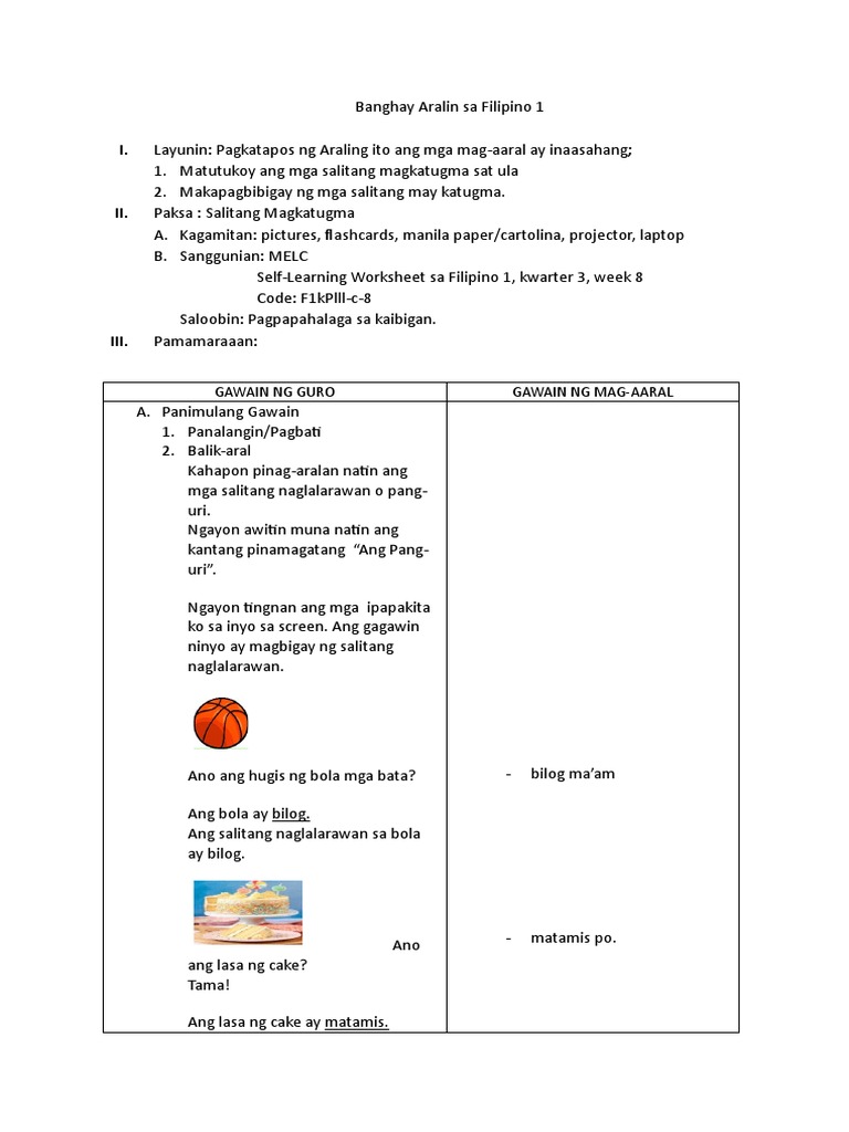 Banghay Aralin Sa Filipino 1 | PDF