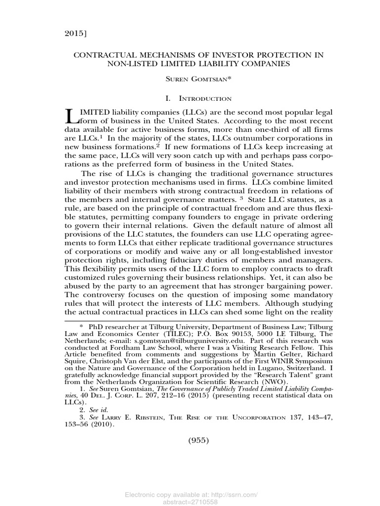 Contractual Mechanisms of Investor Protection in Non-Listed Limited ...