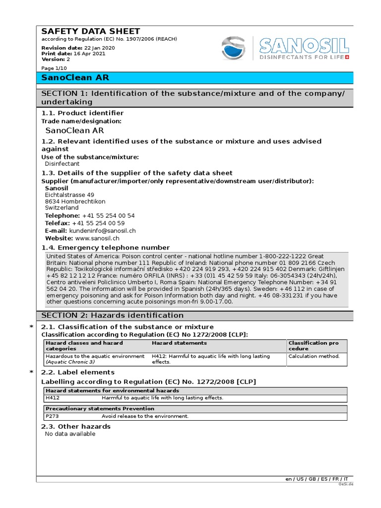 SDS SanoClean AR EN SAFETY DATA SHEET | PDF