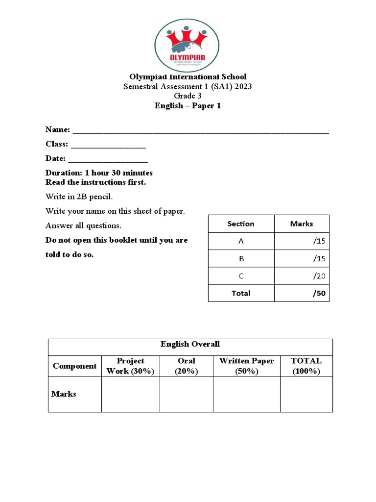 G3 English SA1 Paper 1 | PDF