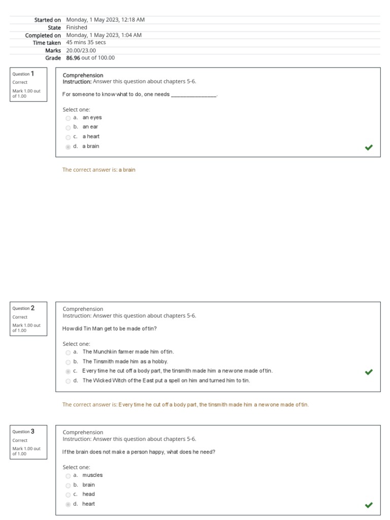 Wizard of Oz Chapters 5-6 Quiz Answers | PDF