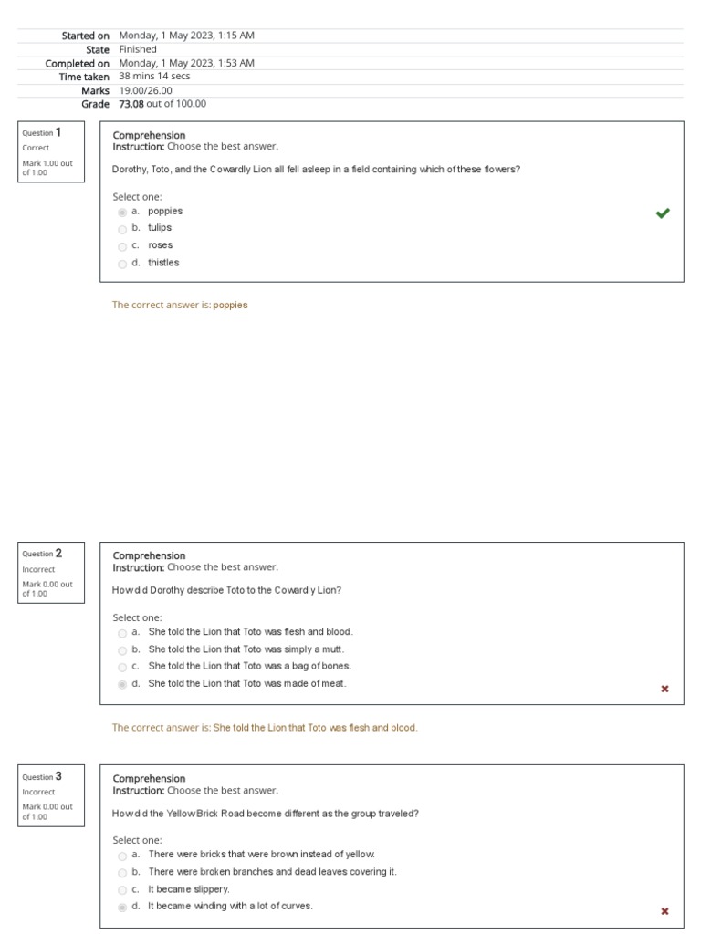 Wizard of Oz Chapter 1 Comprehension Quiz | PDF