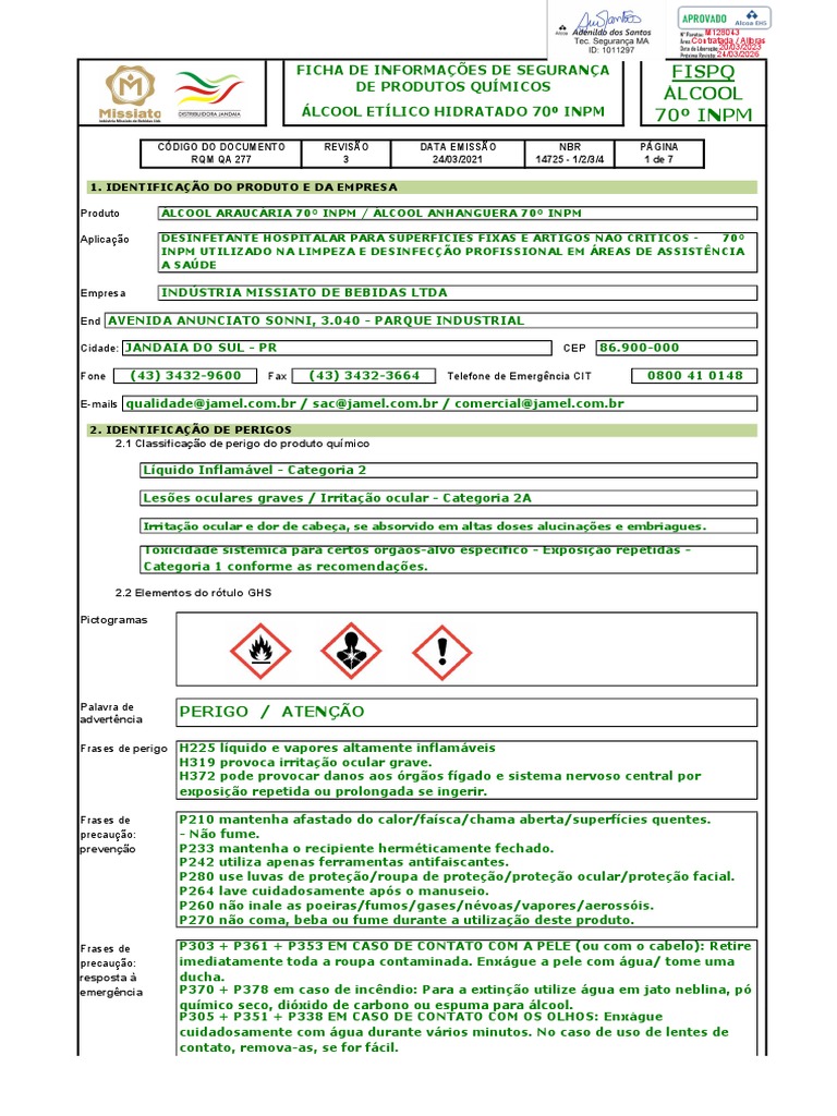 FISPQ Álcool 70 INPM Atualiz. | PDF