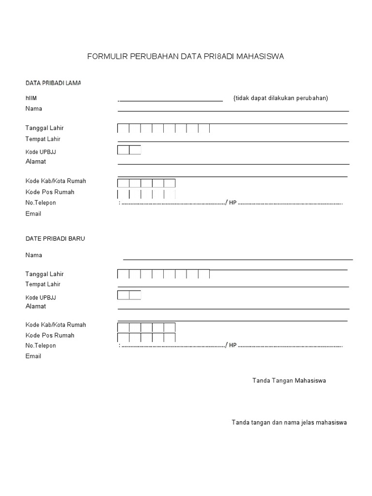 Formulir Perubahan Data Pribadi Mahasiswa UT 20052021 | PDF