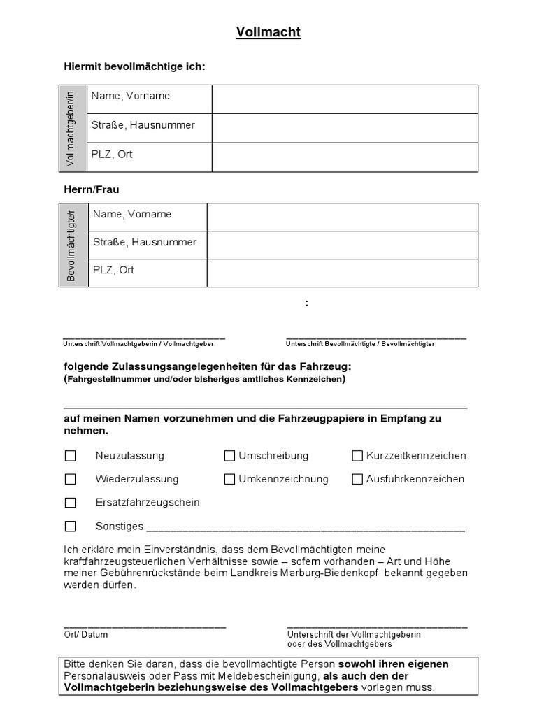 Vollmacht KFZ-Zulassung PDF | PDF