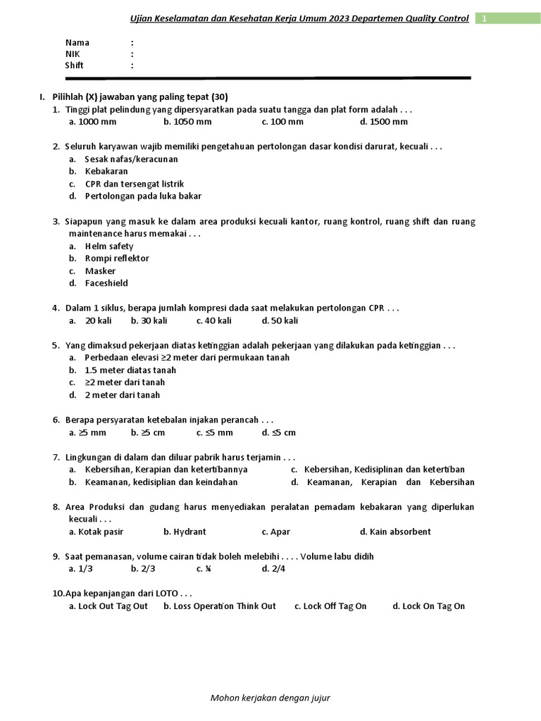 Soal Ujian Keselamatan Umum Internal QC 2023 | PDF
