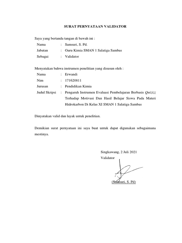 Surat Pernyataan Validator | PDF
