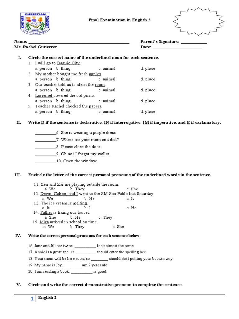 English 2 Final Exam Worksheet | PDF