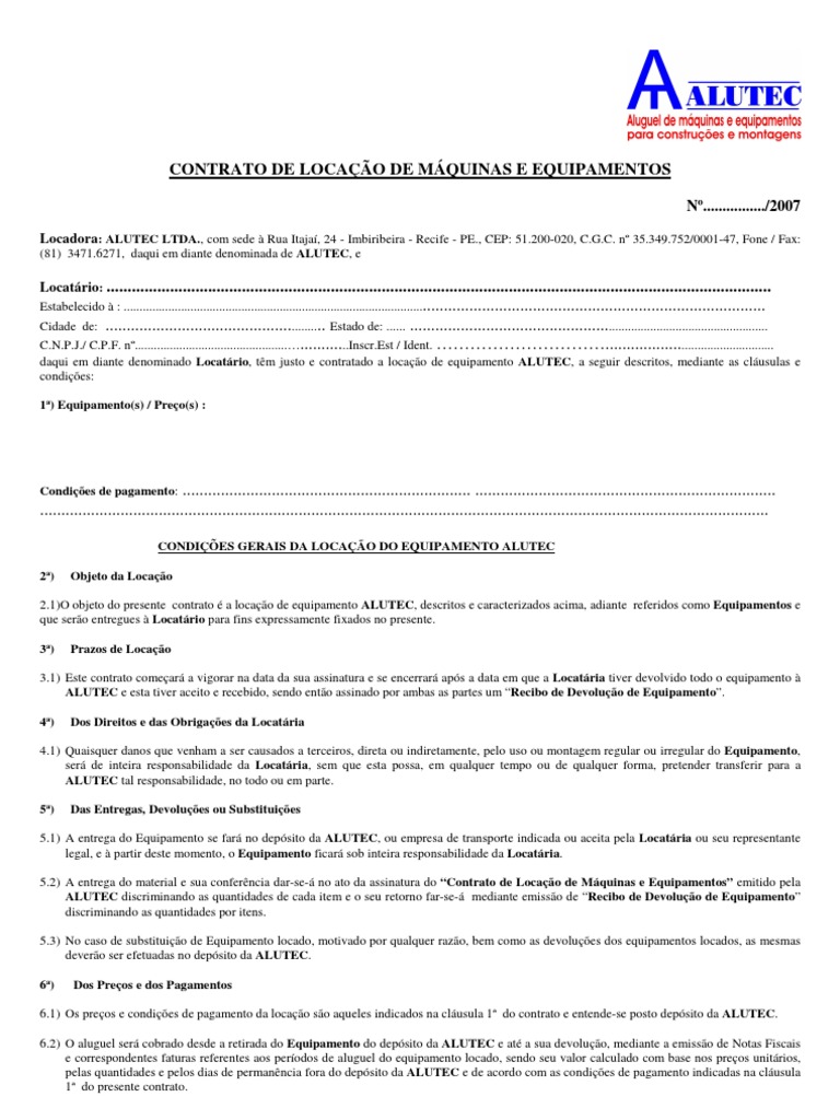 Modelo Contrato De Locação De Maquinas