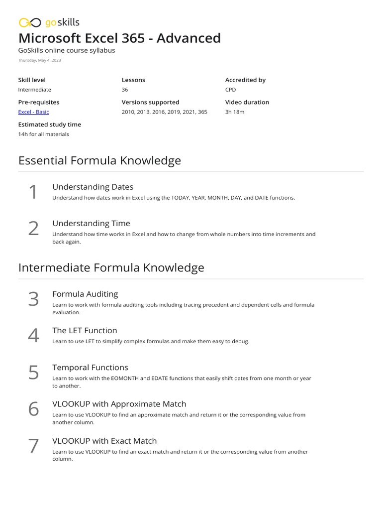 Advanced Microsoft Excel 365 Course | PDF