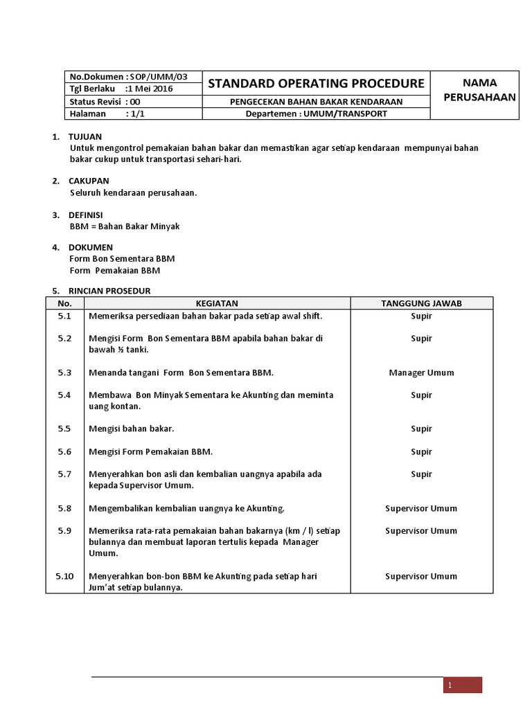 SOP Pengecekan Bahan Bakar Kendaraan | PDF