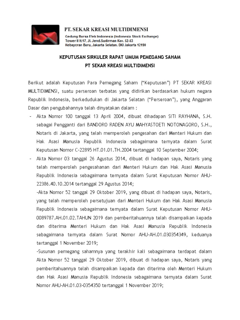 Draft RUPS Keputusan Sirkuler PT SEKAR KREASI MULTIDIMENSI (Dirkom Dan ...