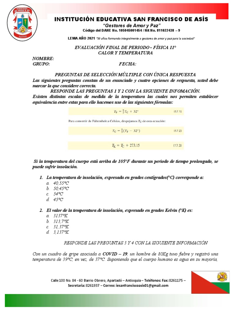 Evaluación Final Fisica 11° - Periodo 1 - 2021 PDF | PDF
