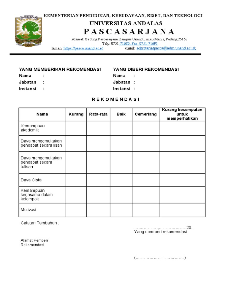 Format Rekomendasi PMB Pasca Unand 2 | PDF