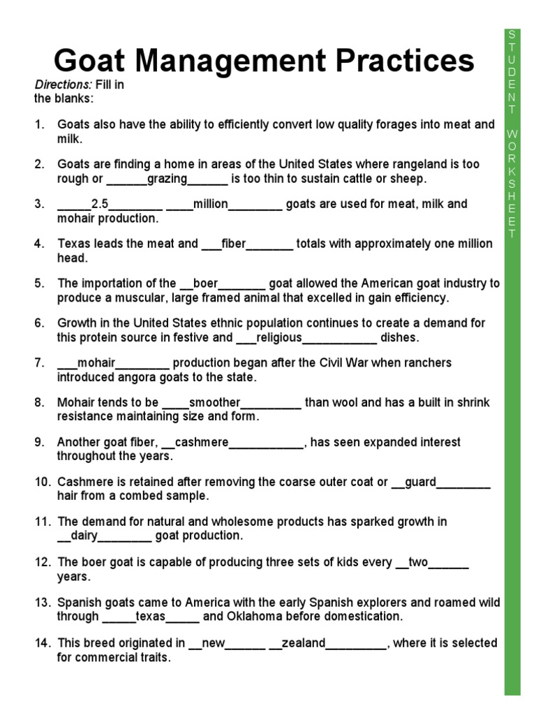 Goat Management Practices Worksheet | PDF