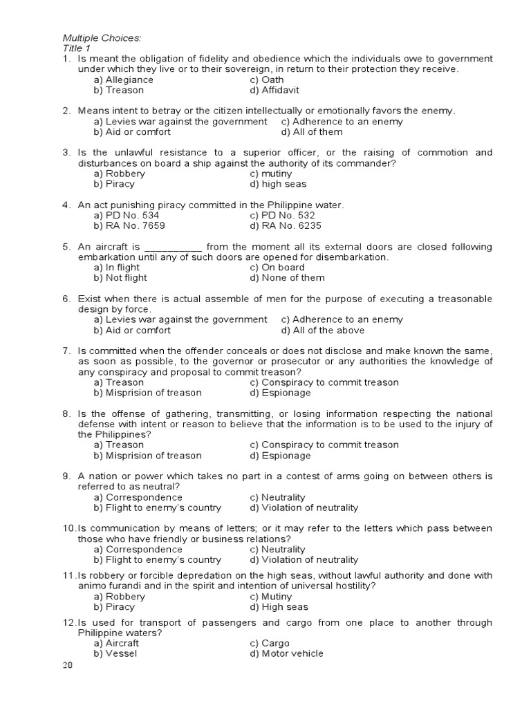 Multiple choice quiz on crimes against national security and public ...