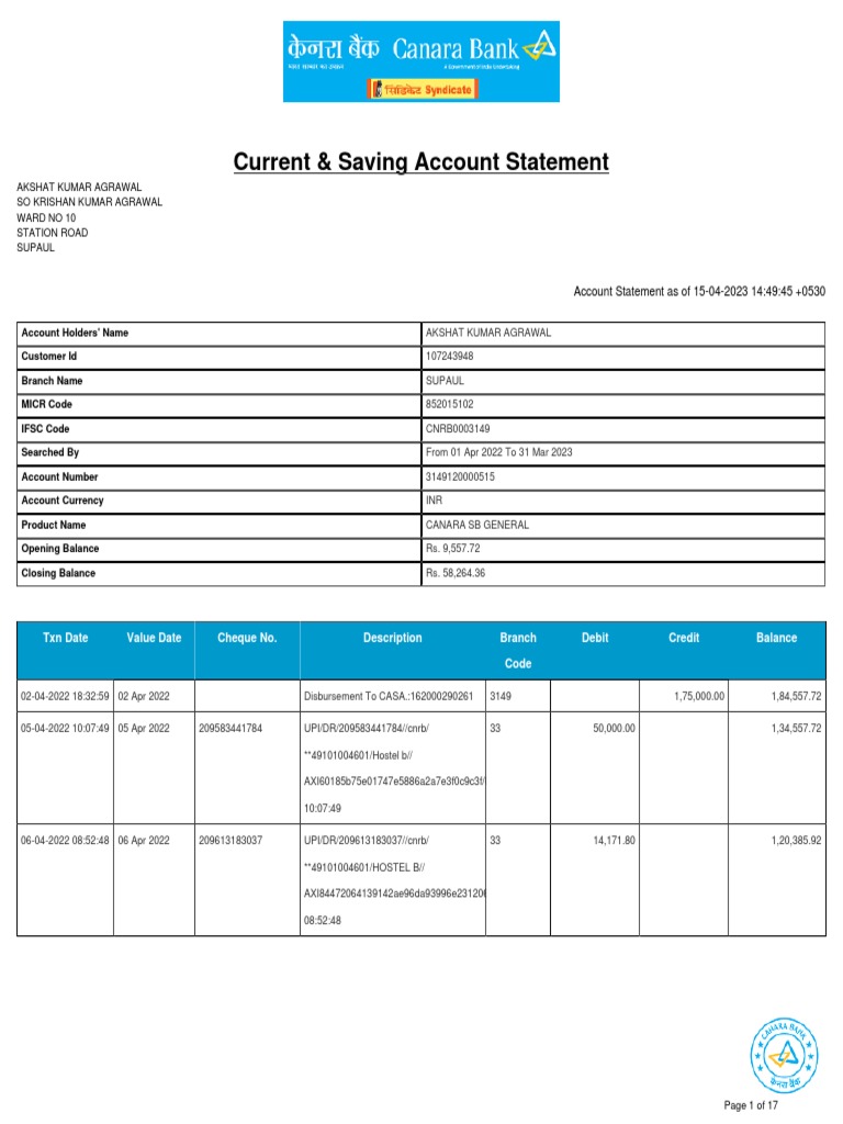 Current & Saving Account Statement: Akshat Kumar Agrawal So Krishan Kumar Agrawal Ward No 10 ...