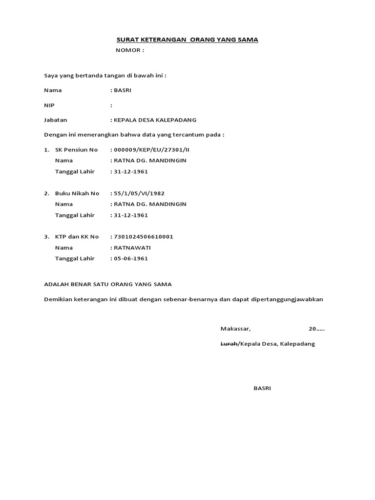 Surat Keterangan Orang Yang Sama | PDF