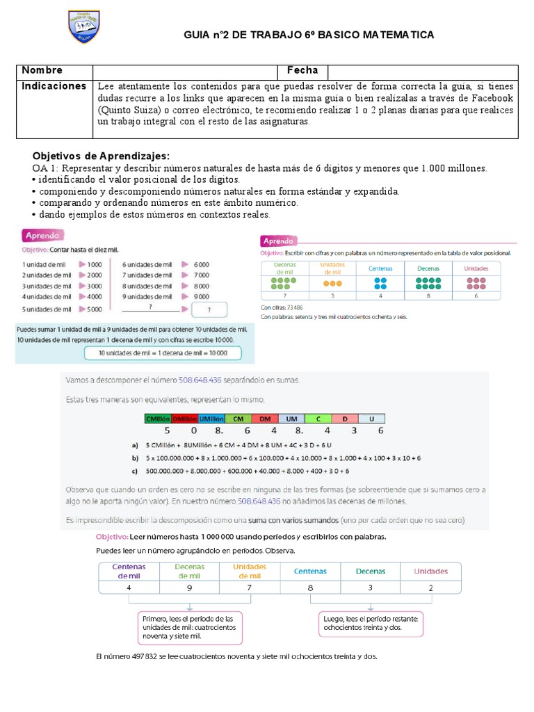 Actividades de Valor Posicional 6º Básico | PDF | Matemáticas