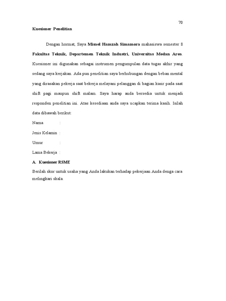 Kuesioner Beban Mental Kasir Shift | PDF