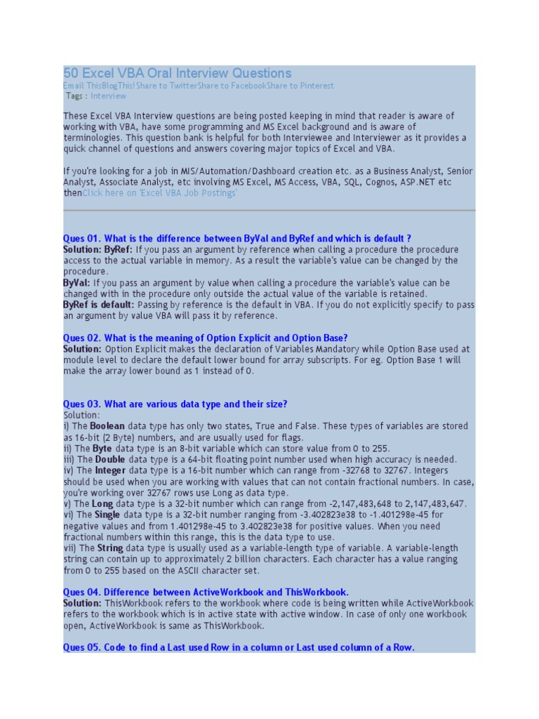 50 Excel VBA Oral Interview Questions | PDF | Microsoft Excel | Data Type
