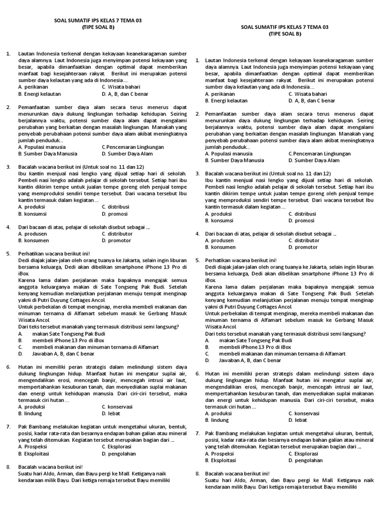 Soal Penilaian Harian IPS Kelas 7 Tema 03 Final tipe b.docx | PDF