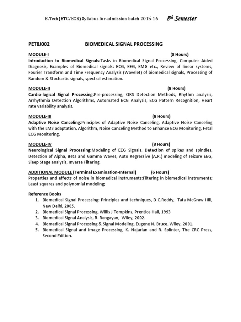 8 Semester: PET8J002 Biomedical Signal Processing | PDF