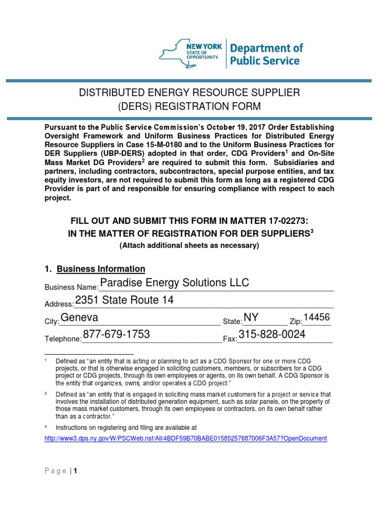 Distributed Energy Resource Supplier (Ders) Registration Form | PDF