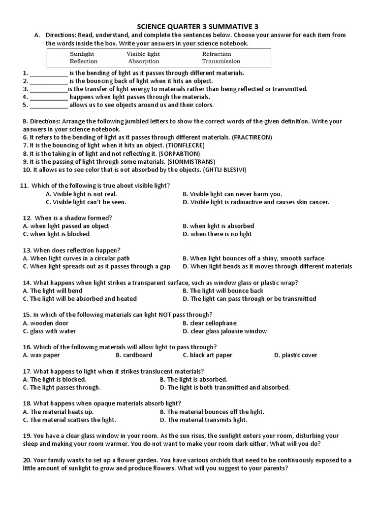 q3 Science SUMMATIVE NO.3 | PDF | Light | Window