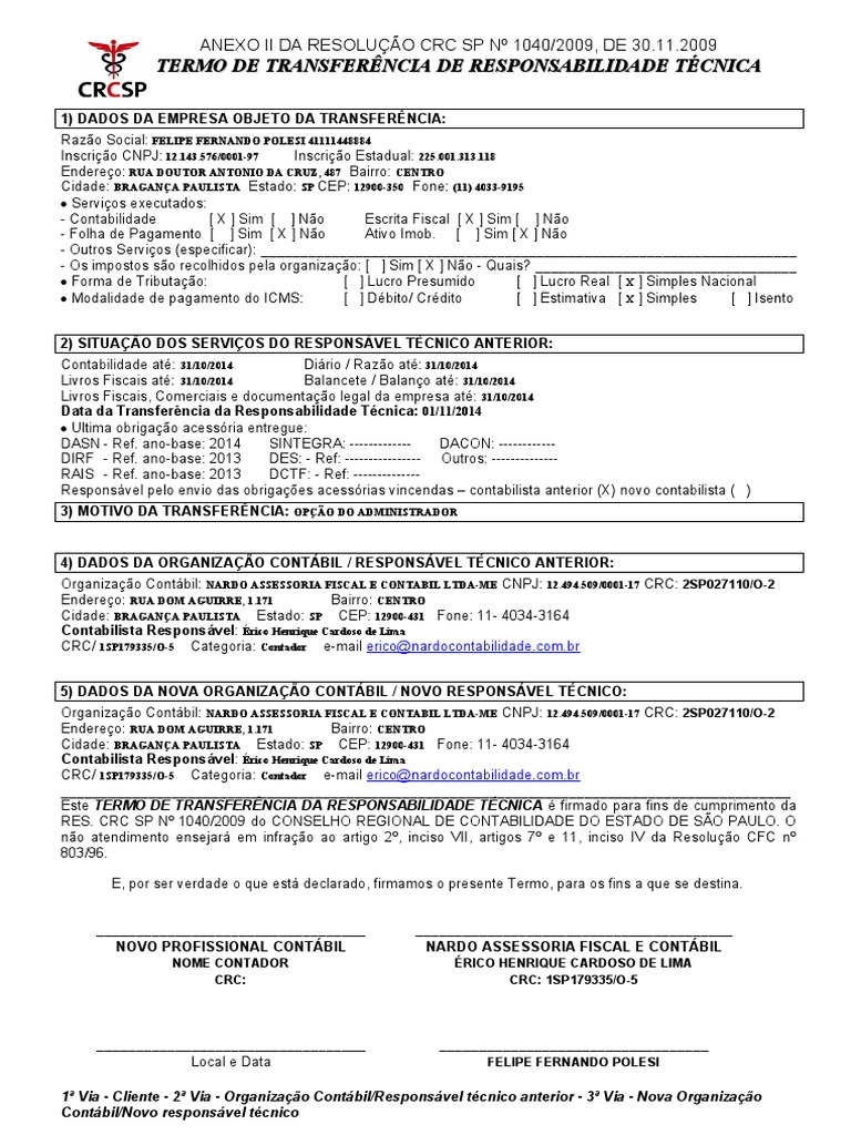 Termo de Transferência de Responsabilidade Técnica entre Contabilistas para a Empresa Felipe ...