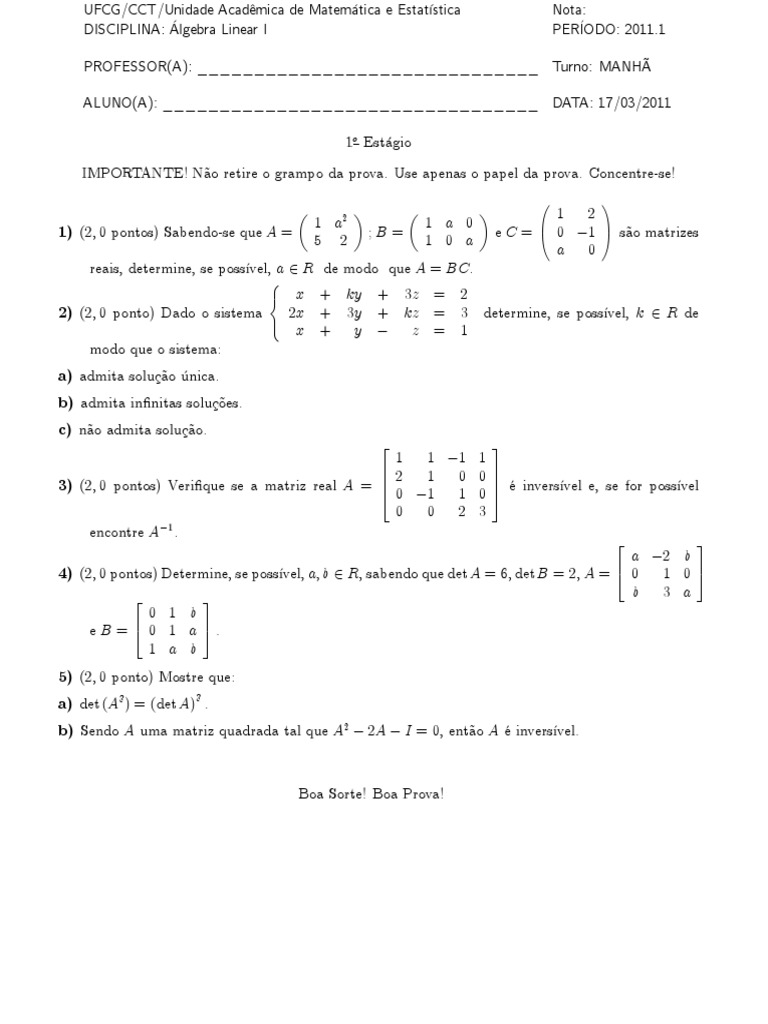 Prova Álgebra Linear (1º Estágio) | PDF | Matemática | Álgebra