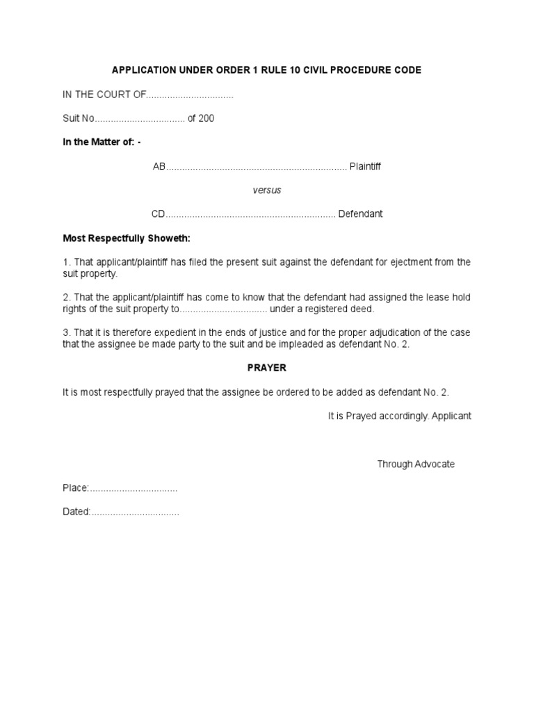 Application Under Order 1 Rule 10 Civil Procedure Code | PDF