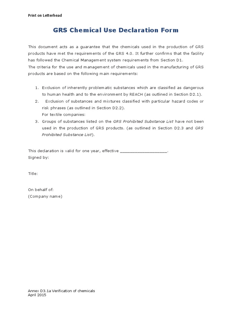 GRS Chemical Use Declaration Form | PDF