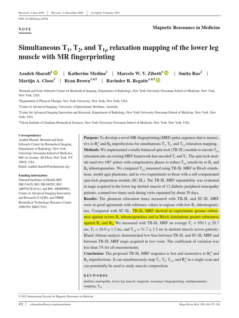 Simultaneous T1 T2 And T1ρ Relaxation Mapping Of The Lower Leg Muscle With Mr Fingerprinting
