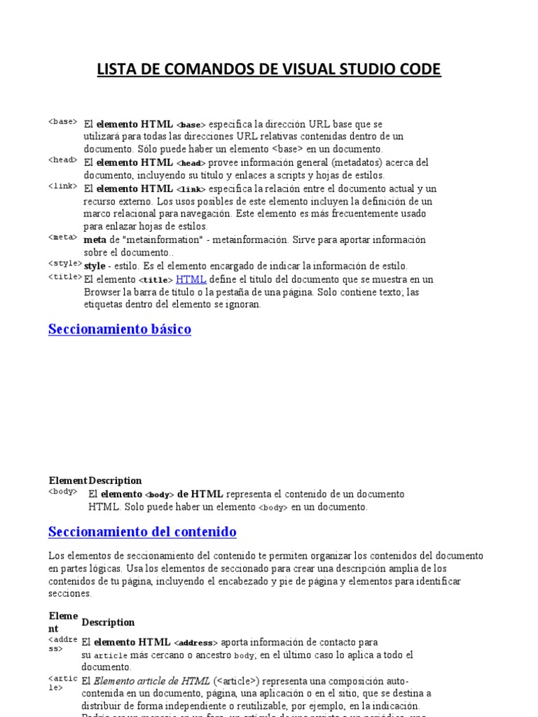 LISTA DE COMANDOS DE VISUAL STUDIO CODE.docx | PDF | HTML | Metadatos