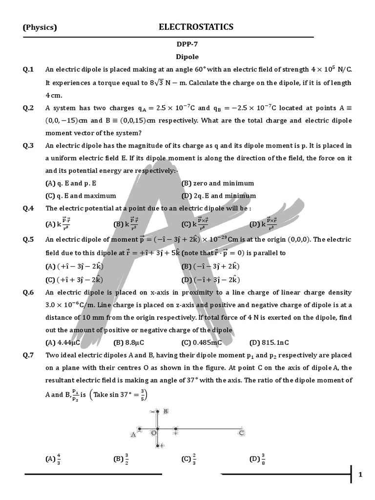 Electrostatics Dipole Problems | PDF