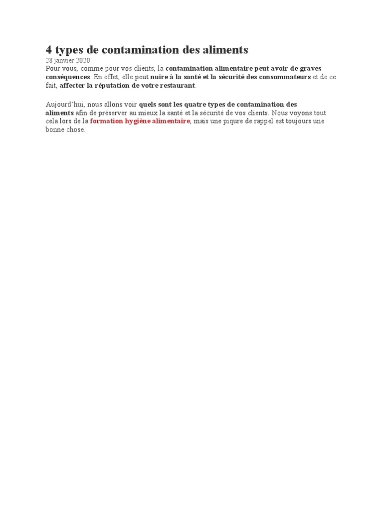 4 Types de Contamination Alimentaire | PDF | Nourritures | la pollution