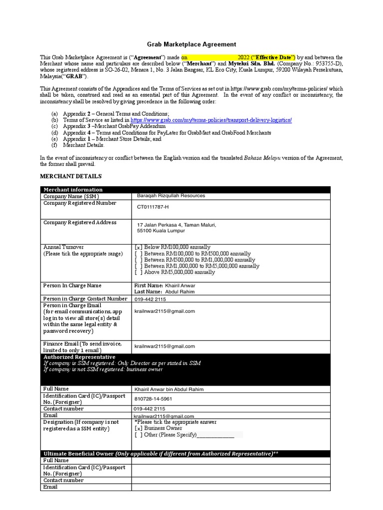 Grab Agreement | PDF